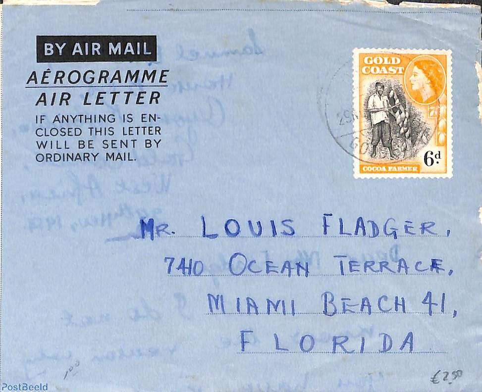 Stamp 1954, Gold Coast Aerogramme 6d, sent to Miami, 1954 - Collecting ...