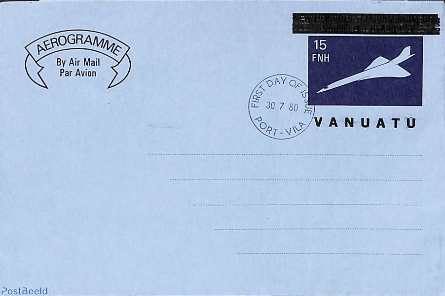 Stamp 1980, Vanuatu Aerogramme 15FNH Concorde overprint with 6 lines ...